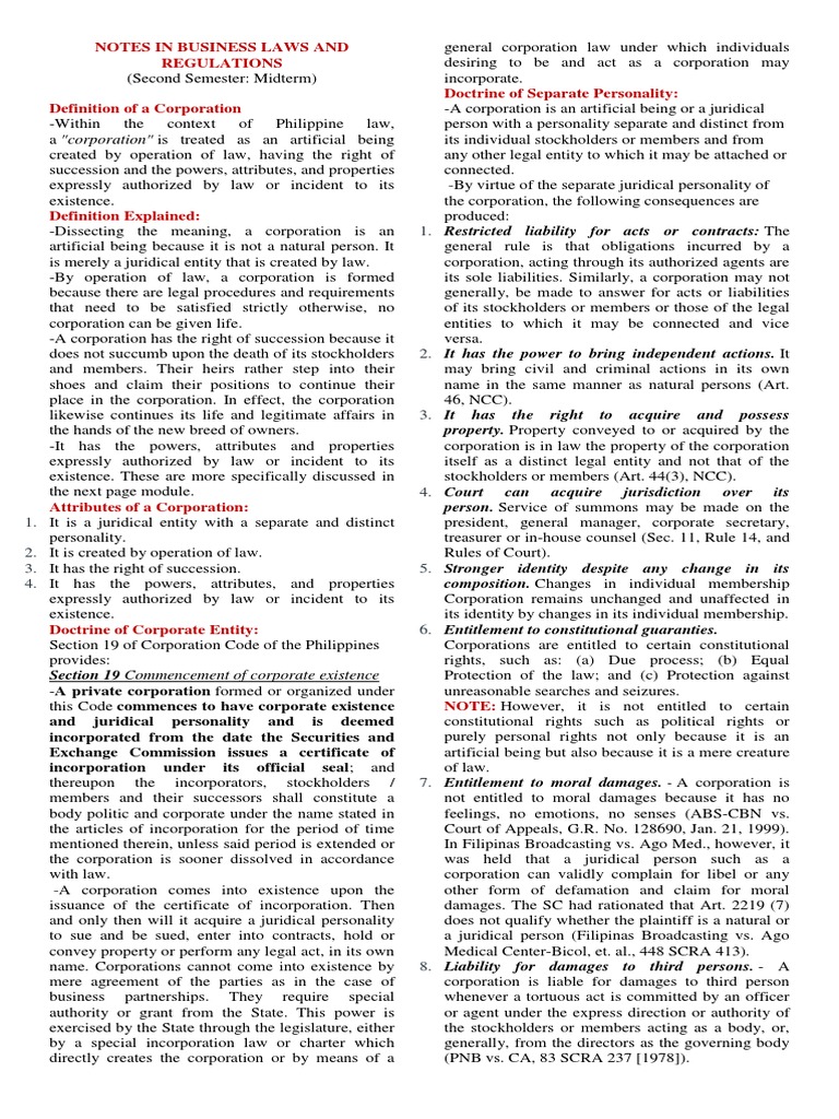 Notes in Business Laws and Regulations | PDF | Stocks | Preferred Stock