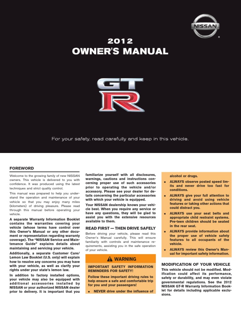 2012 GTR Owner Manual | Download Free PDF | Brake | Tire