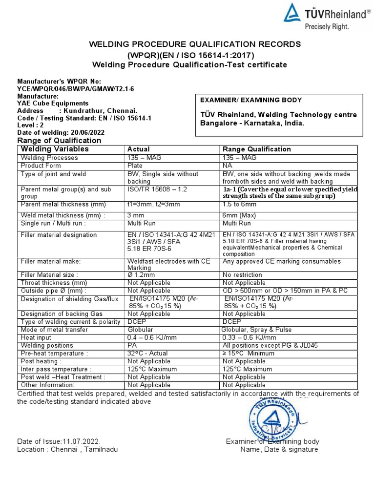 Welding Procedure Qualification Records (WPQR) (EN / ISO 15614-1:2017) Welding Procedure ...