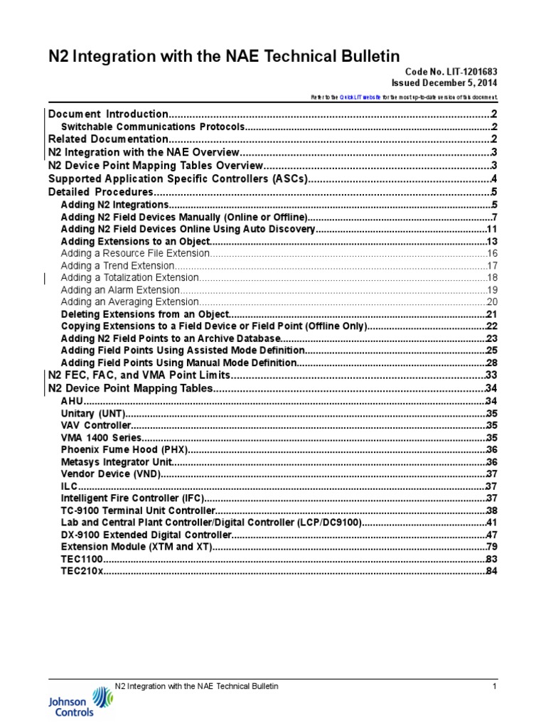 N2 Integration With The NAE Technical Bulletin: N2 Device Point Mapping Tables | PDF | Computer ...