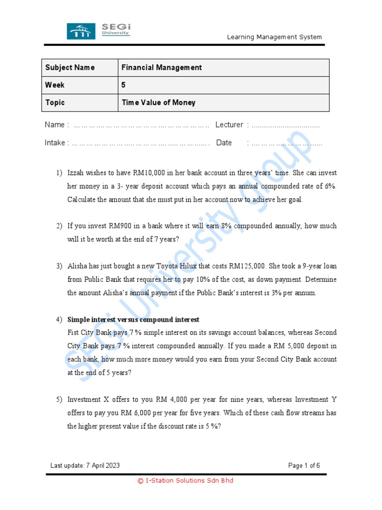 FM Tutorial 5 - Time Value of Money | PDF | Interest | Present Value