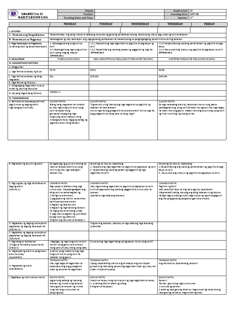 Grade 4 DLL EPP-HE 4 Q1 Week 1 | PDF
