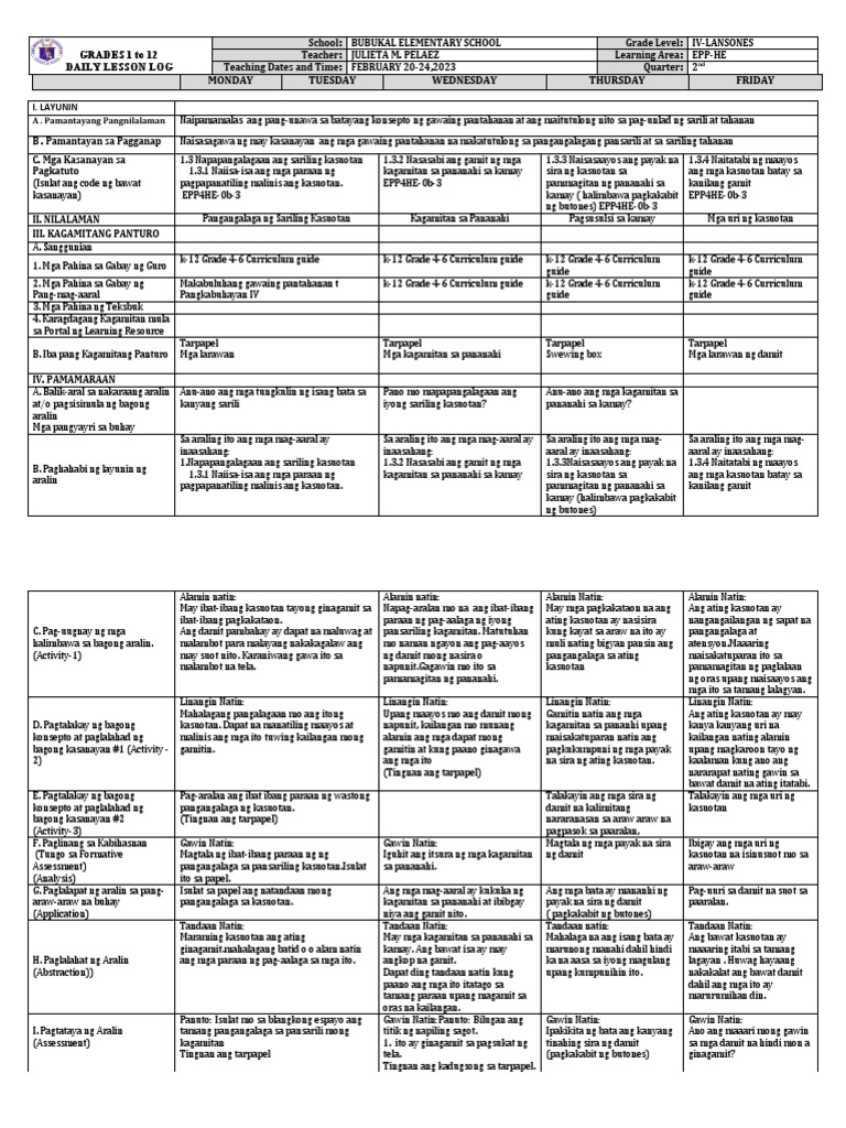 Grade 4 DLL EPP-HE 4 Q1 Week 2 | PDF