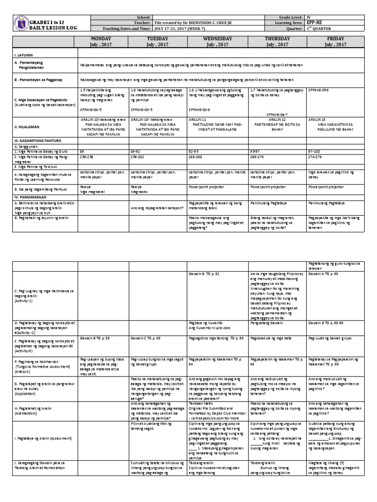 Grade 4 DLL EPP-HE 4 Q1 Week 5 | PDF