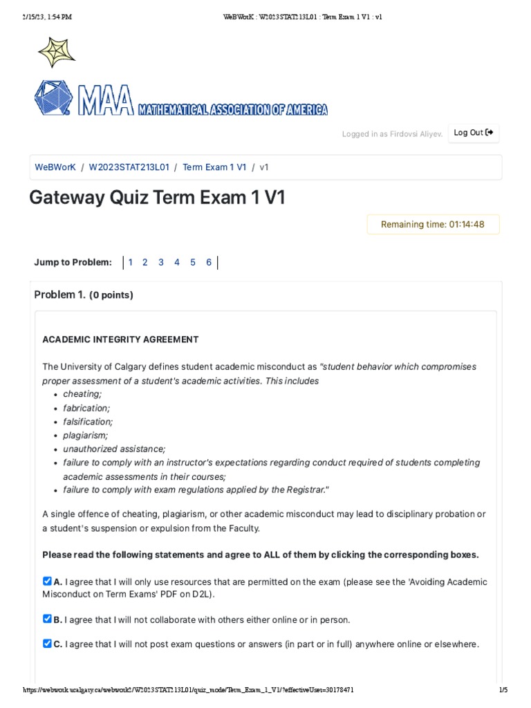 WeBWorK - W2023STAT213L01 - Term Exam 1 V1 - v1 | PDF | Academic Dishonesty WeBWorK - W2023STAT213L01 - Term Exam 1 V1 - v1 | PDF | Academic Dishonesty