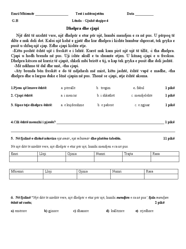 Testi I Ndermjetem B p.2 Gjuhes Klasa 4 | PDF
