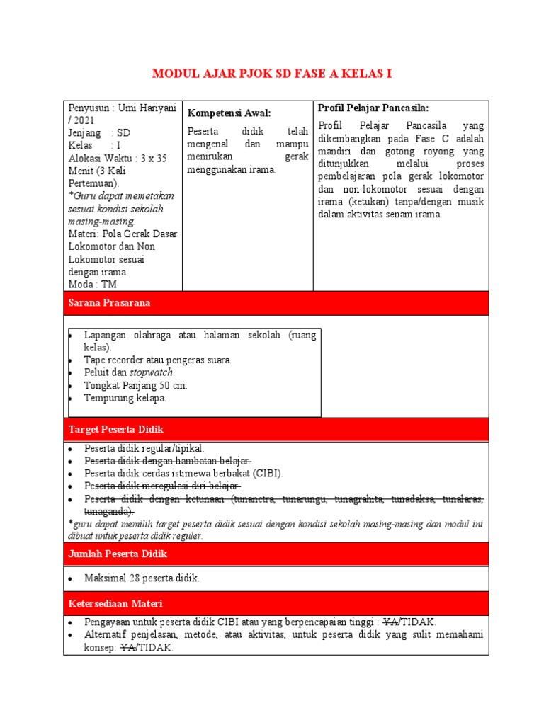 Modul Ajar Pjok SD Fase A Kelas I | PDF | Karier & Perkembangan | Seni & Disiplin Bahasa