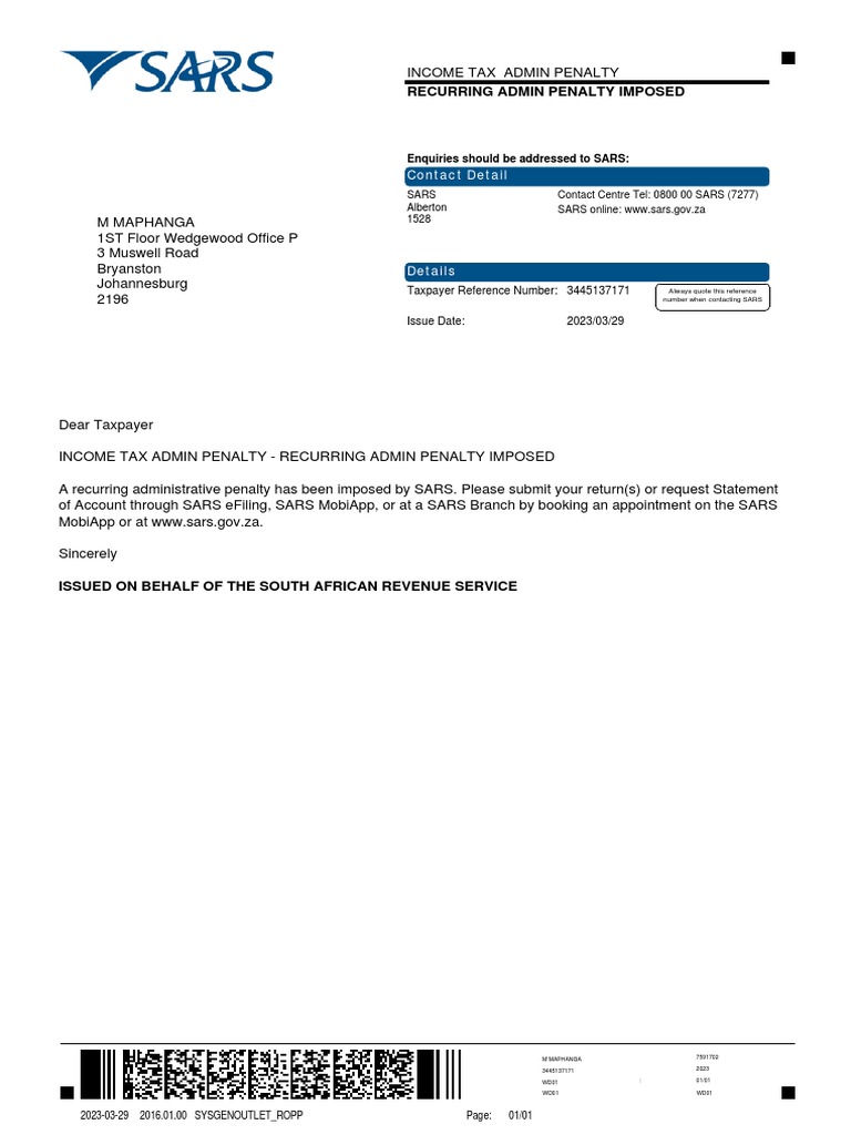 Recurring Admin Penalty Imposed: Enquiries Should Be Addressed To SARS ...