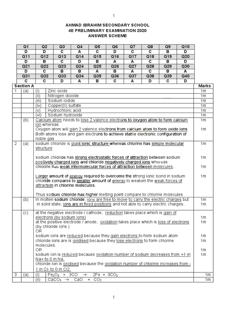 2020 Sec 4 Pure Chemistry SA2 Ahmad Ibrahim Secondary Answer | PDF ...