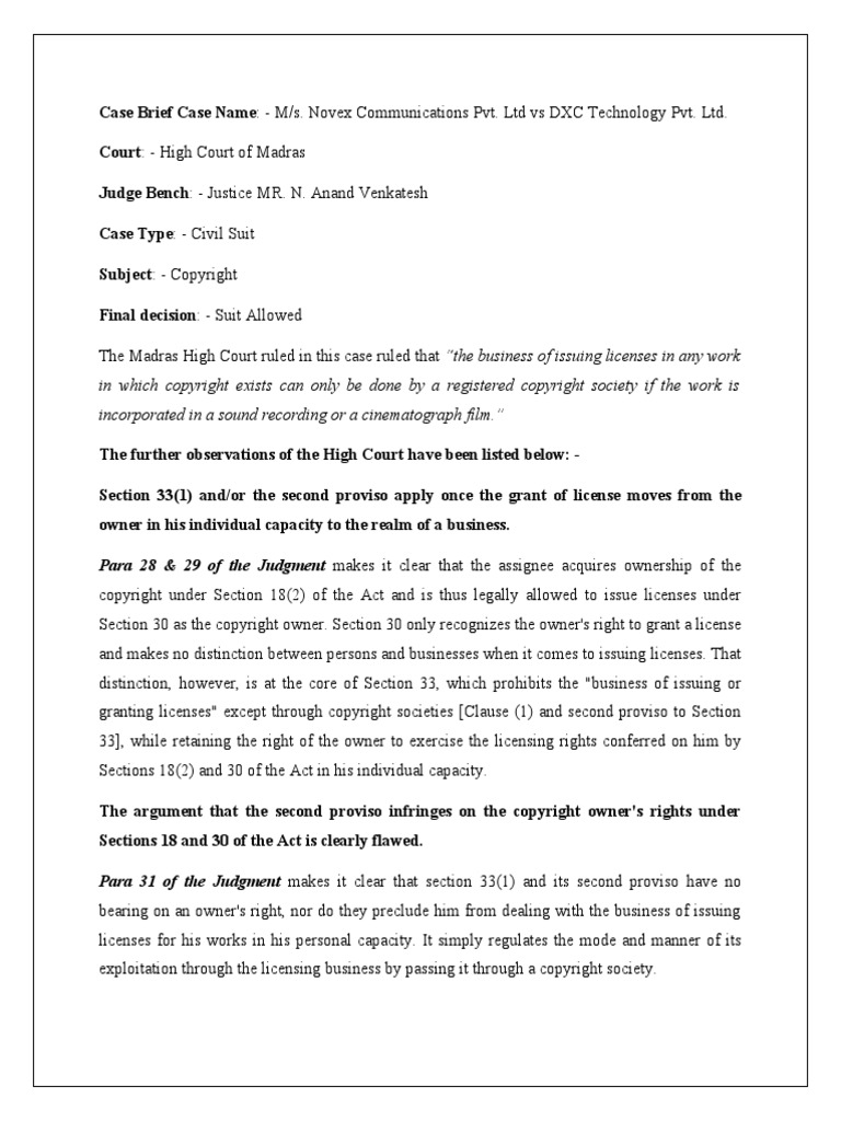 Novex VS DXC Case Brief | PDF | Copyright | License