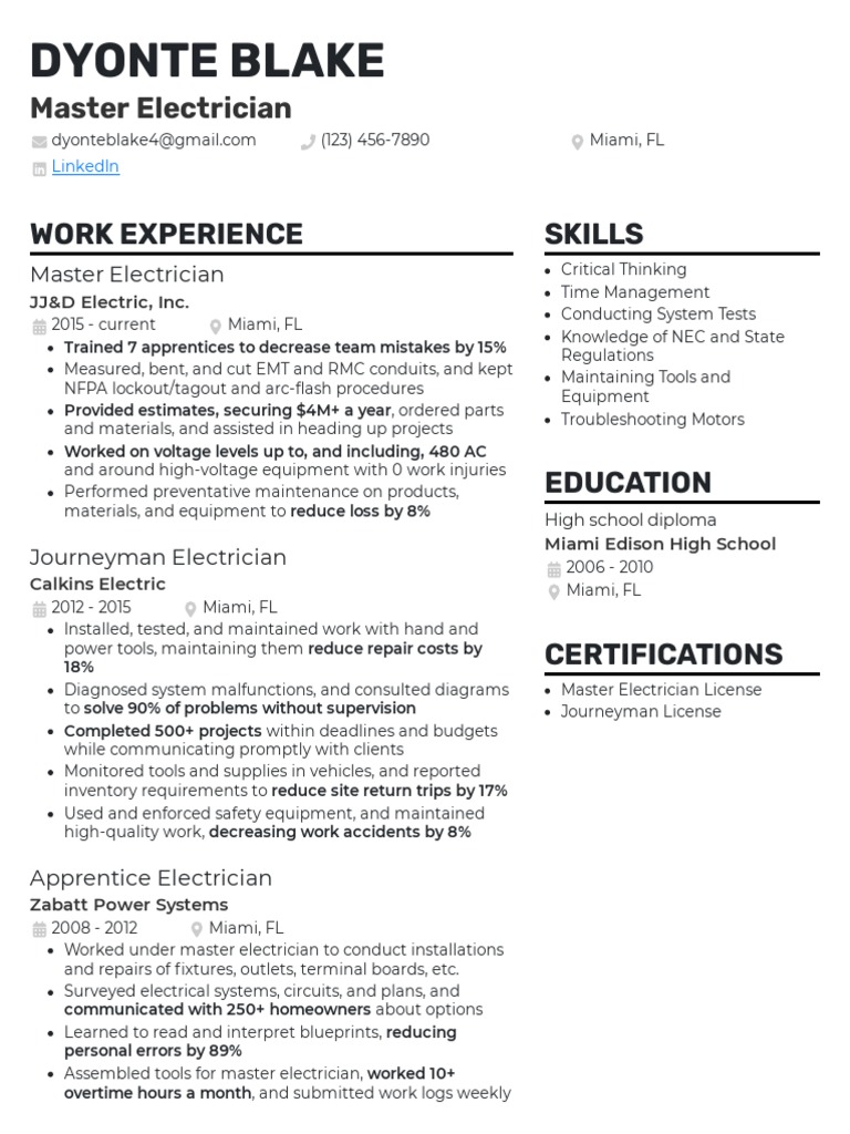 Electrician Resume Example | PDF | Electrician | Manufactured Goods