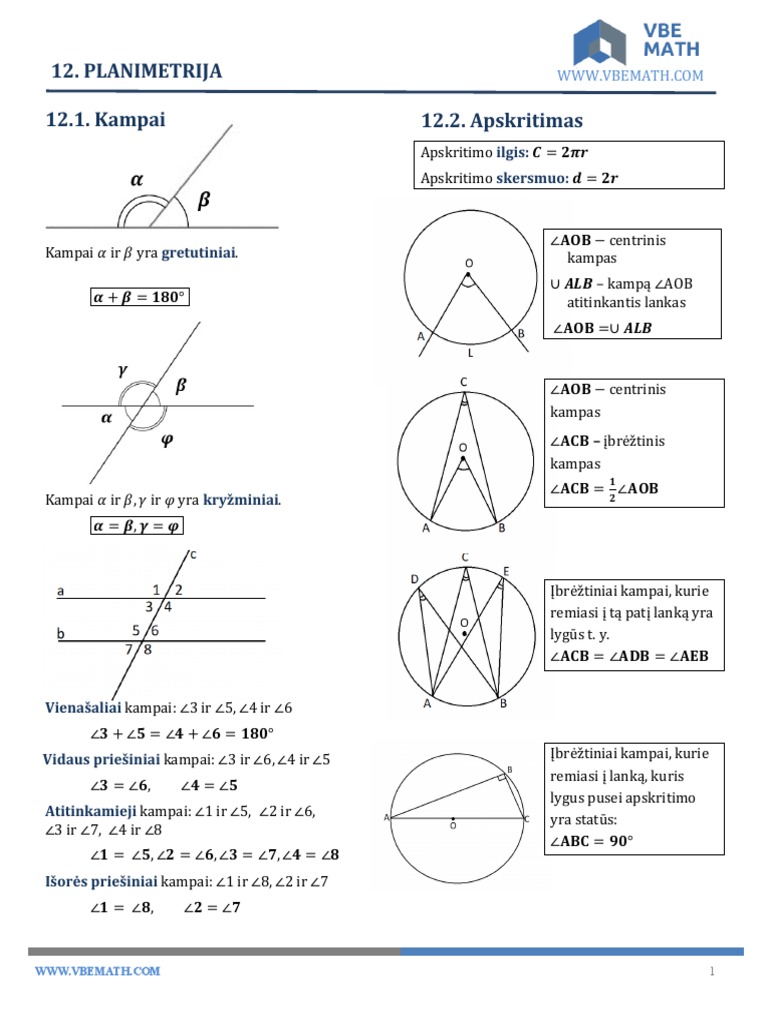 Planimetrija 12.1. Kampai 12.2. Apskritimas: Ilgis: Skersmuo | PDF