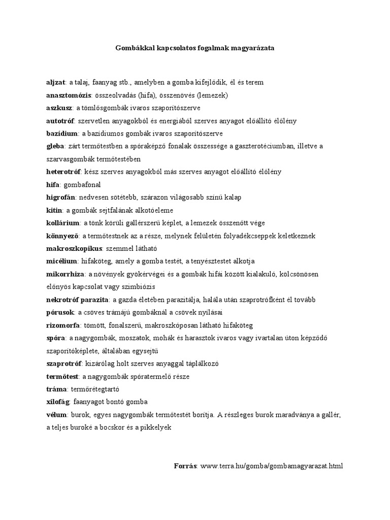 Gombákkal Kapcsolatos Fogalmak Magyarázata | PDF