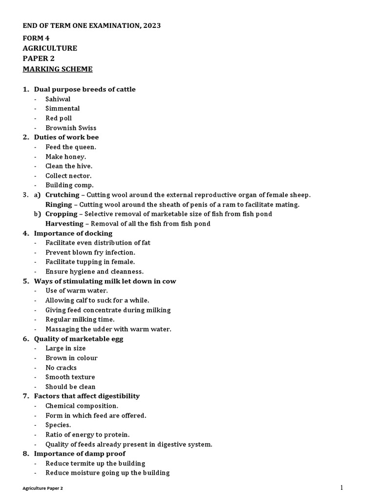 Agriculture Paper 2 Marking Scheme | PDF