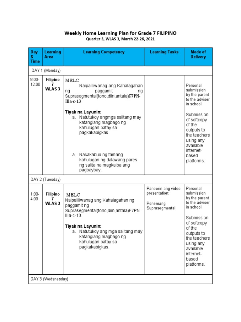 FILIPINO Q3 Weekly Home Learning Plan for Grade 7 | PDF