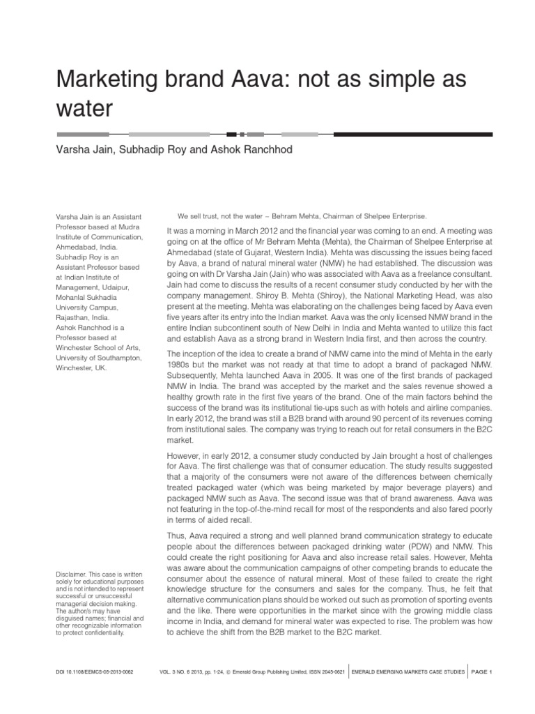 Marketing Brand Aava: Not As Simple As Water: Varsha Jain, Subhadip Roy ...