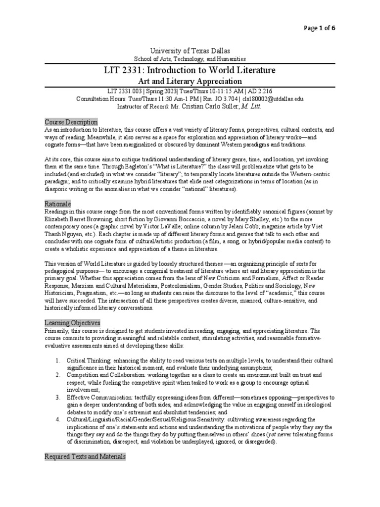 LIT 2331 Syllabus | PDF | Academic Dishonesty | Academic Integrity