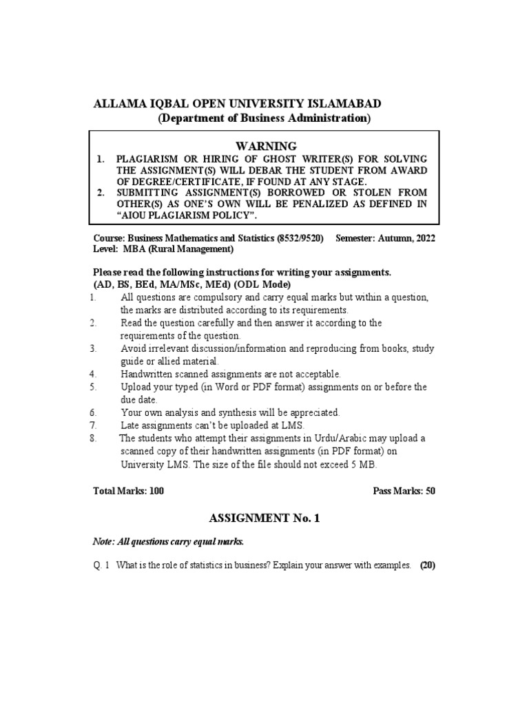Allama Iqbal Open University Islamabad (Department of Business ...