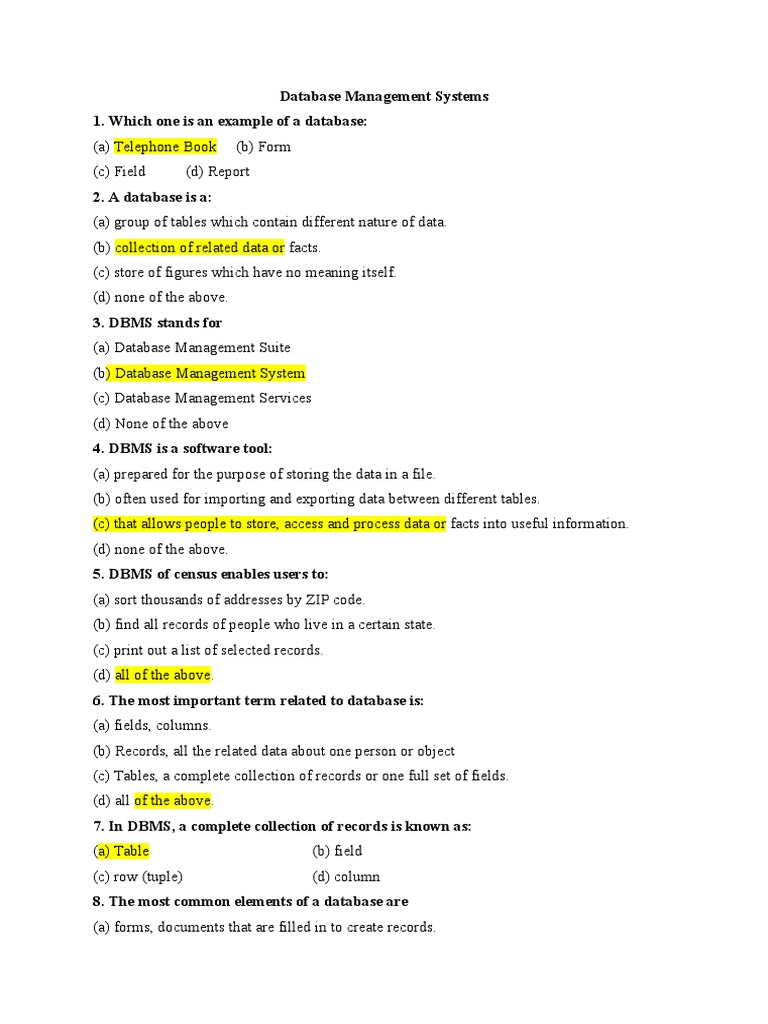 MCQ Day1 DBMS - 13 | PDF | Relational Database | Databases