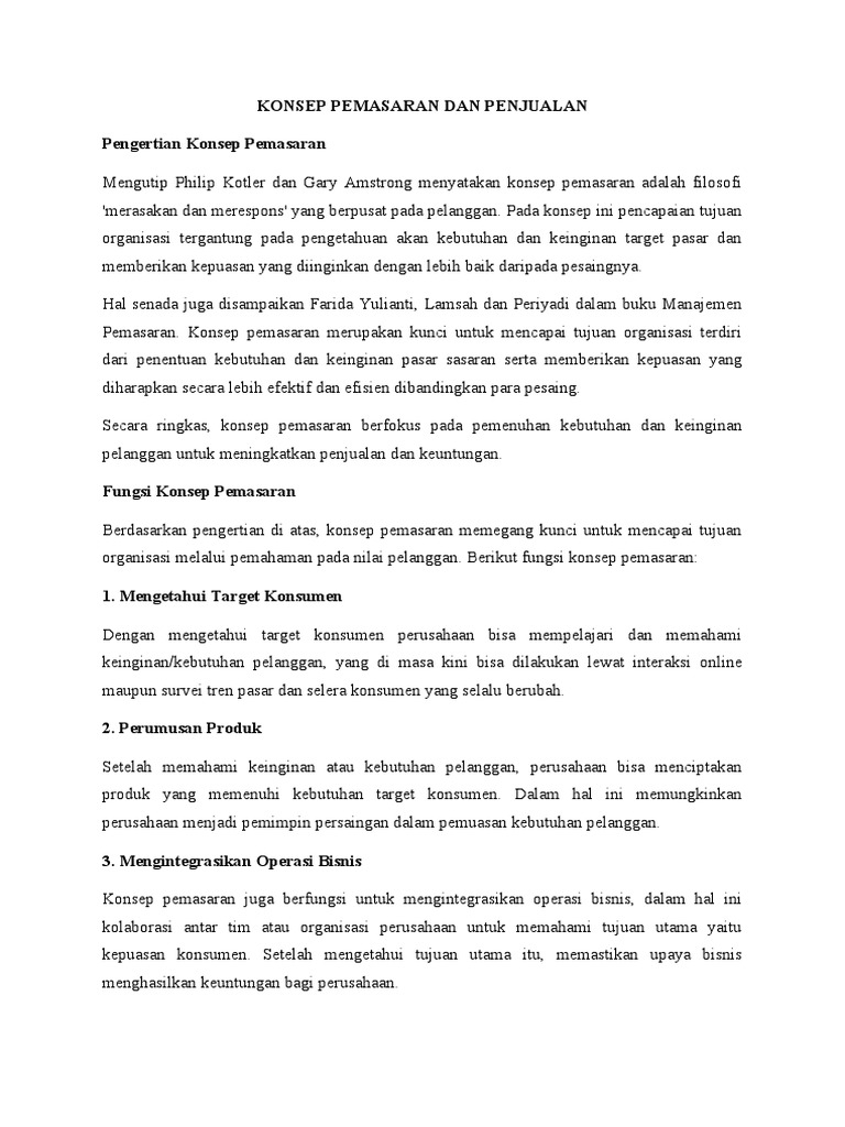 Konsep Pemasaran Dan Penjualan Pengertian Konsep Pemasaran | PDF