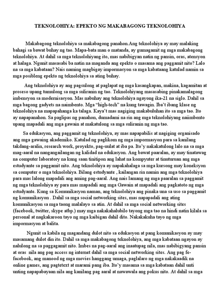 Teknolohiya: Epekto NG Makabagong Teknolohiya | PDF