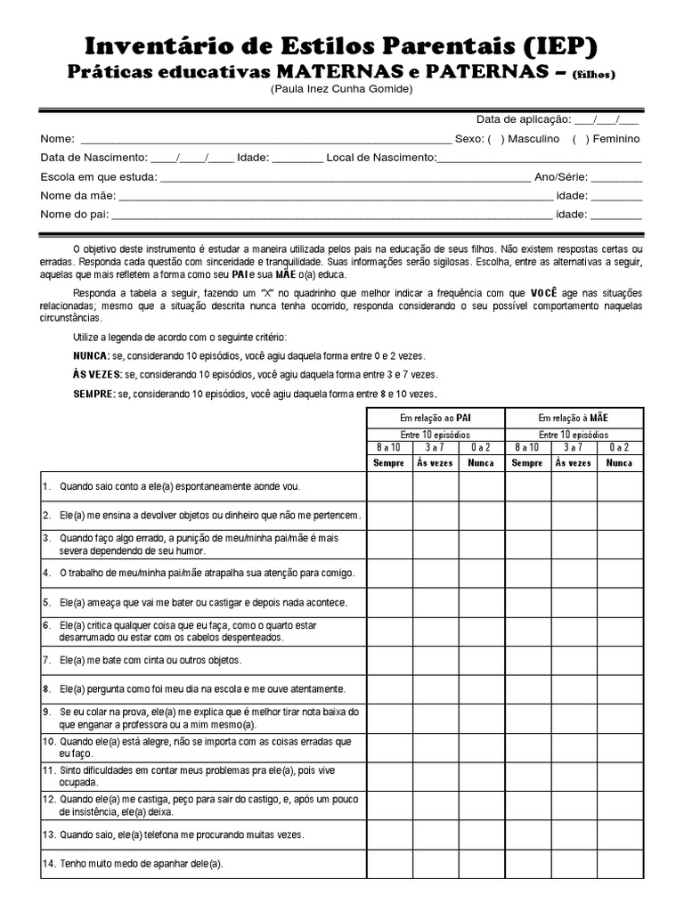 Inventário de Estilos Parentais - Filhos em Relação Aos Cuidadores | PDF