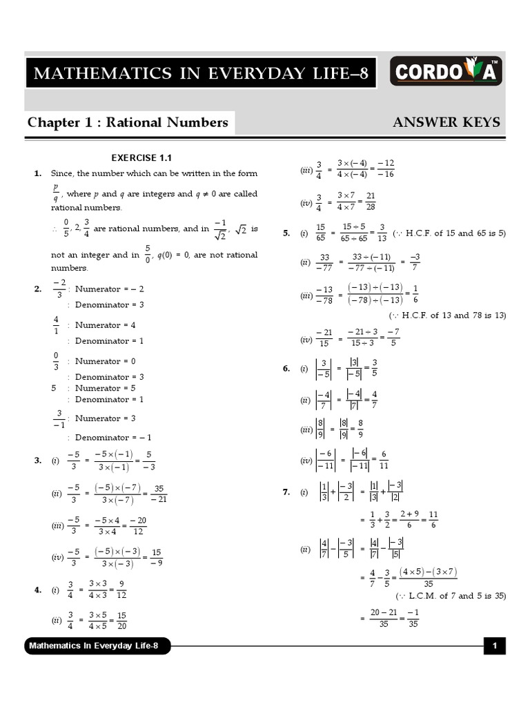 Mathematics in Everyday Life-8: Answer Keys Chapter 1: Rational Numbers | PDF | Numbers ...