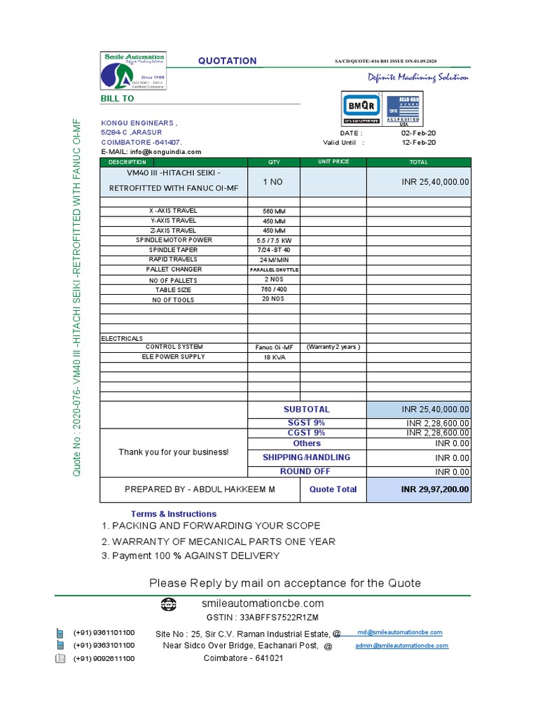 CNC Machine Quote: VM40 III Retrofitted | PDF