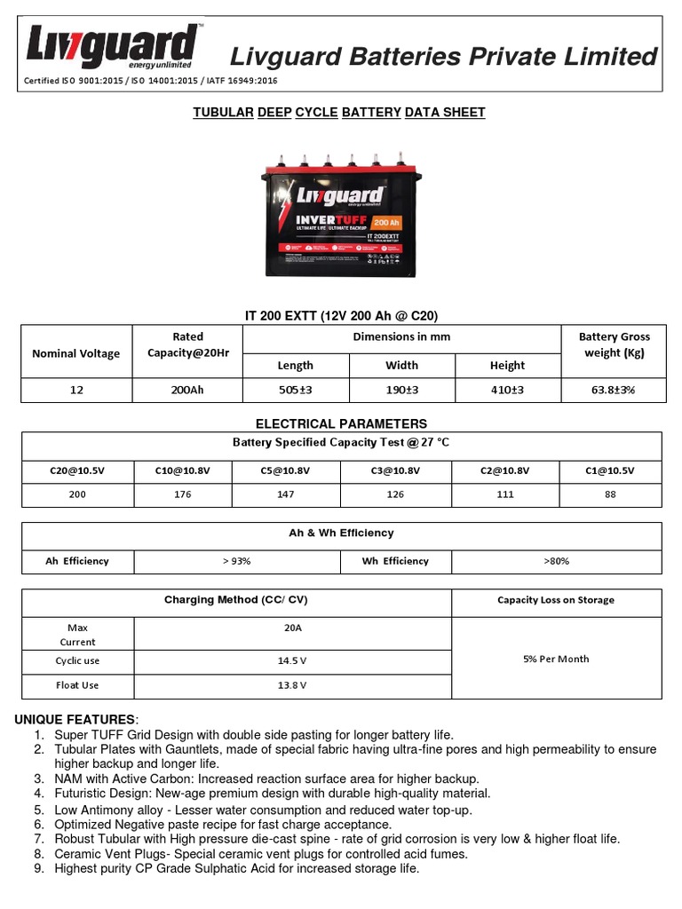 Livguard Batteries Private Limited: Tubular Deep Cycle Battery Data ...