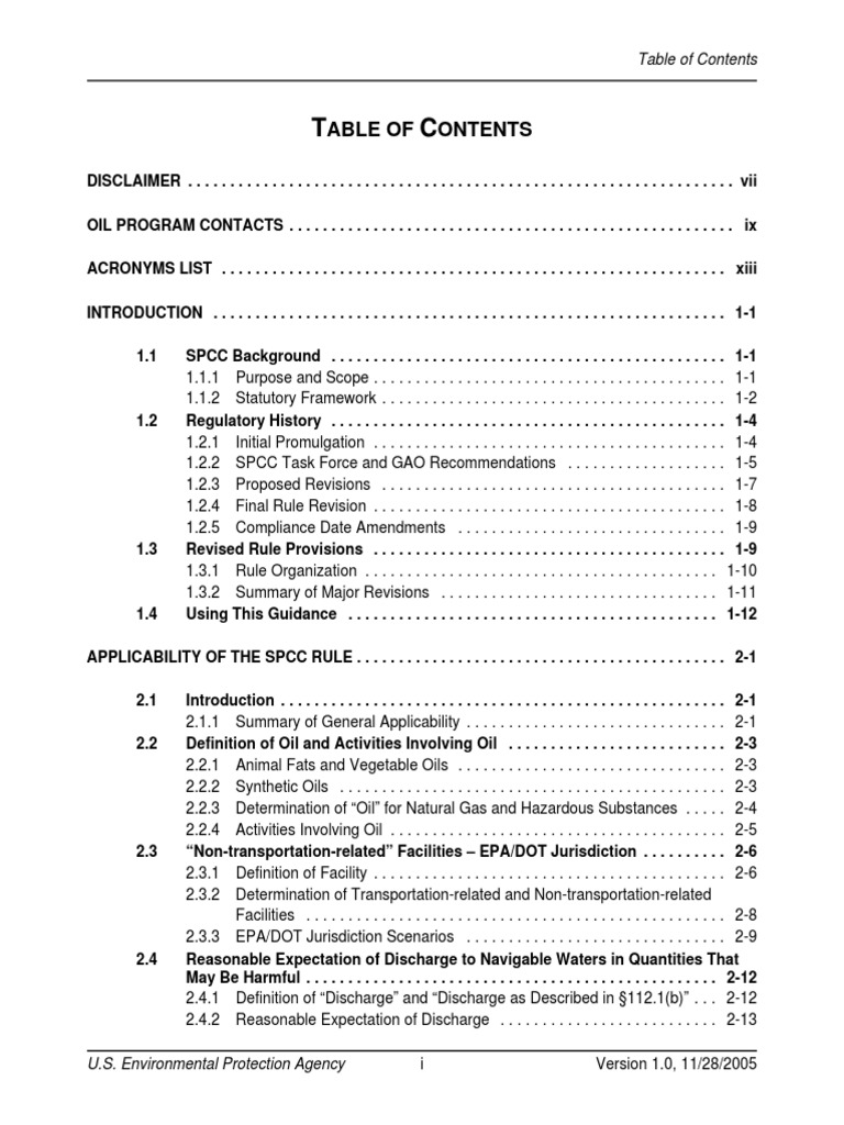 Table of Contents for SPCC Guidance Document | PDF | Resource Conservation And Recovery Act ...
