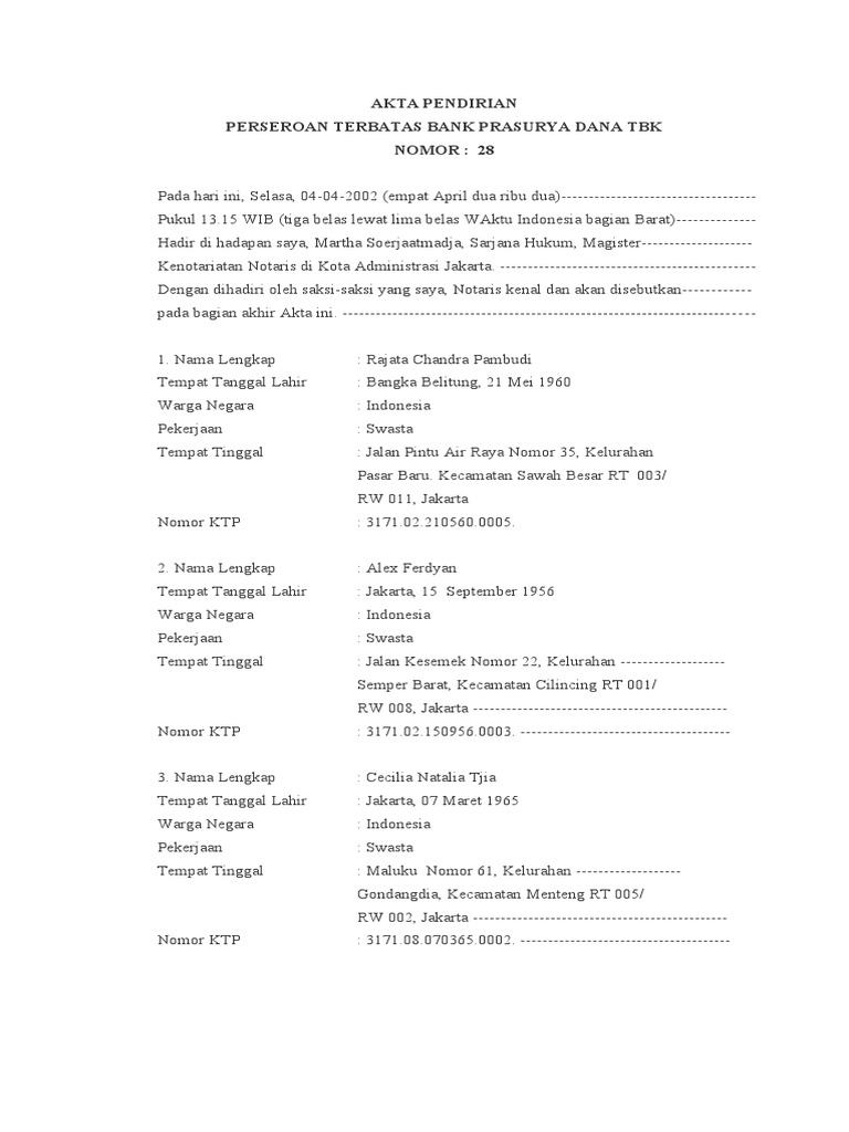 AKTA PENDIRIAN BANK PRASURYA DANA | PDF