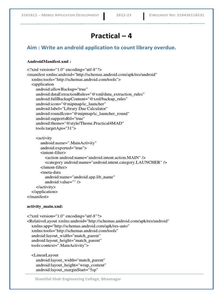 Practical - 4: Aim: Write An Android Application To Count Library Overdue | PDF | Android ...