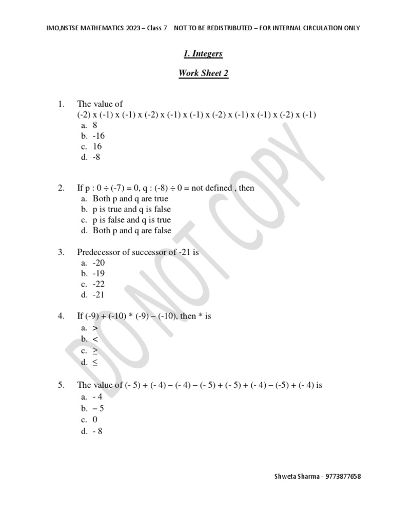 Integers Work Sheet 2: Imo, Nstse Mathematics 2023 - Class 7 Not To Be Redistributed - For ...