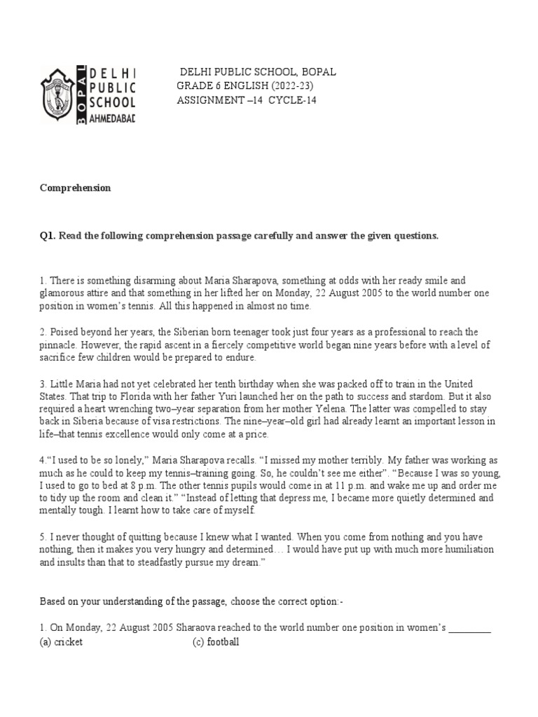 Delhi Public School, Bopal GRADE 6 ENGLISH (2022-23) Assignment - 14 ...