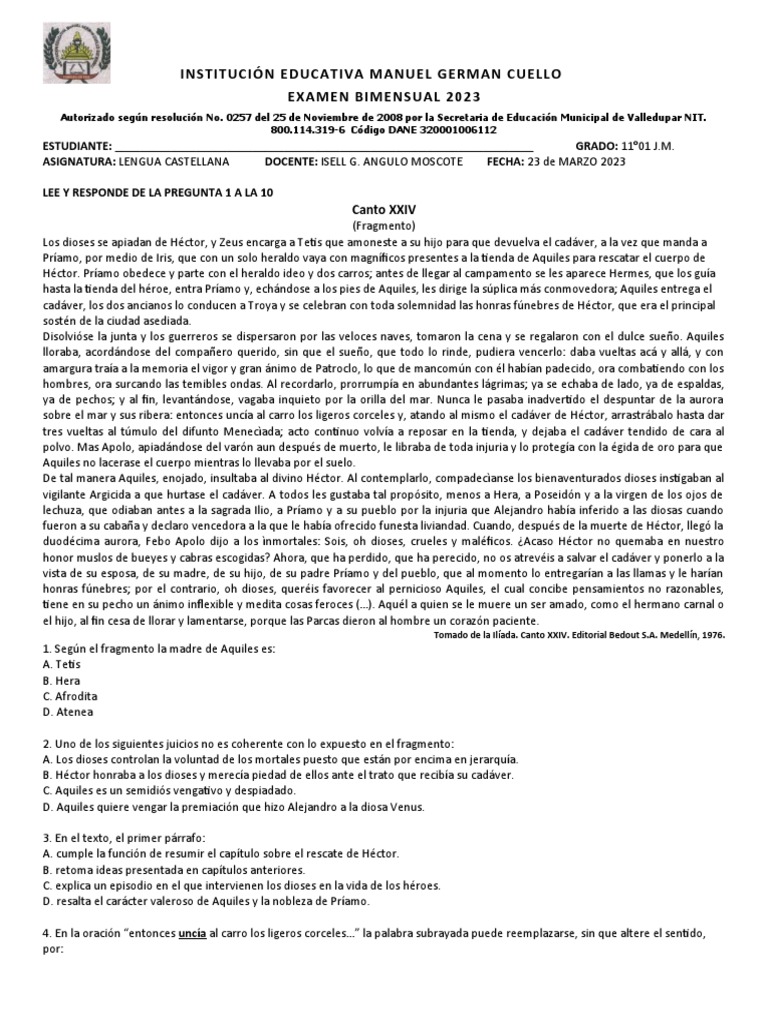 Examenes Bimestrales Isell | PDF | Aquiles | Héctor