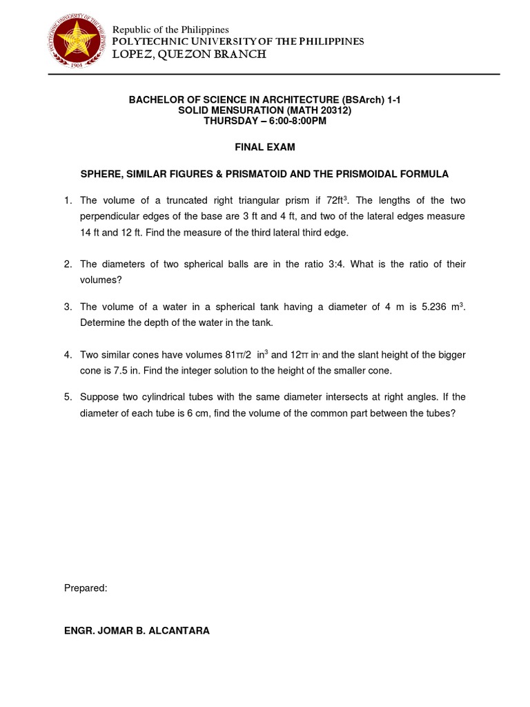 Solid Mensuration Math 20312 Final Exam | PDF