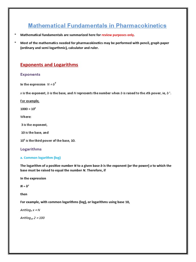 Mathematical Fundamentals in Pharmacokinetics | PDF | Logarithm | Exponentiation
