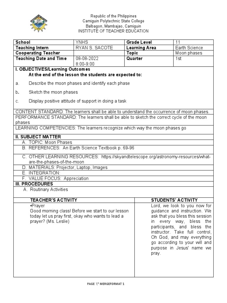 Final Detailed-Lesson-Plan | PDF | Moon | Planetary Mass Satellites