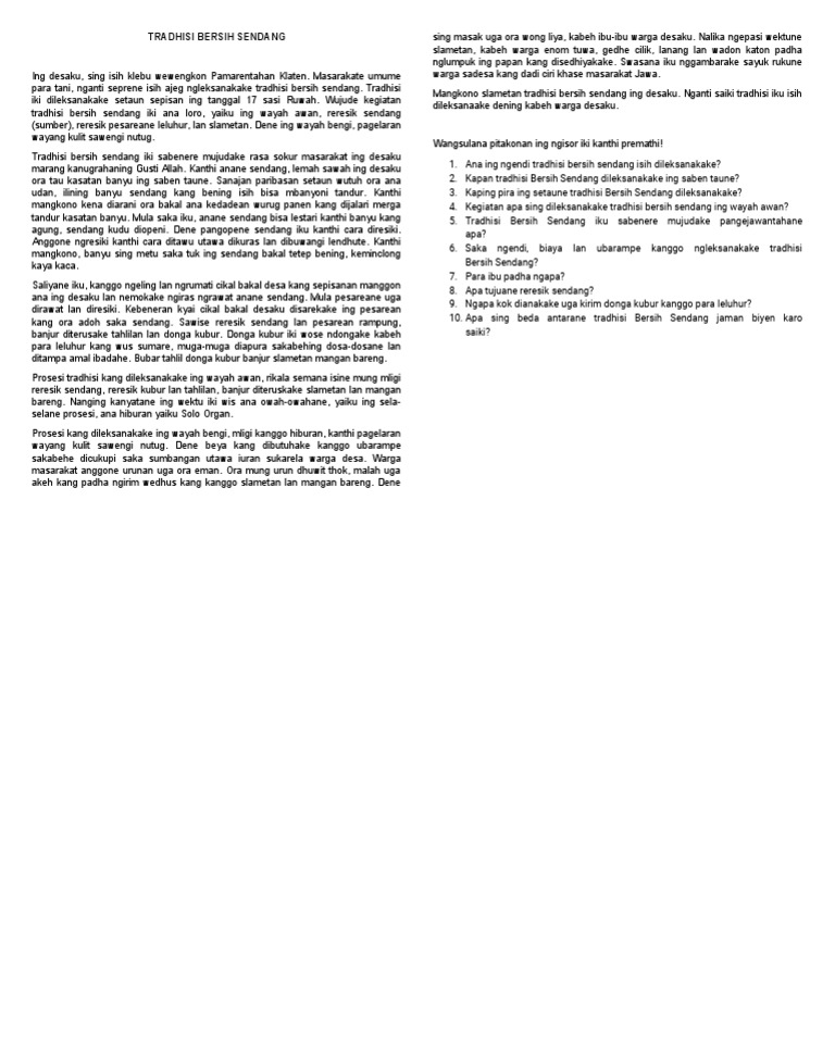 Uh Bahasa Jawa Kelas 4 Tradhisi Bersih Sendang | PDF