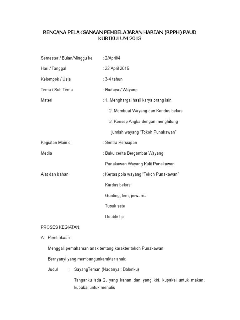 Contoh Rencana Pelaksanaan Pembelajaran Harian RPPH Paud | PDF | Seni ...