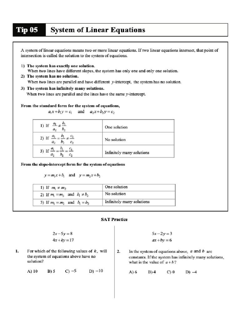 New SAT Tips System of Linear Equations | PDF