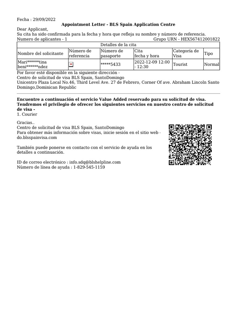 Appointment Letter - BLS Spain Application Centre | PDF | Visa de viaje