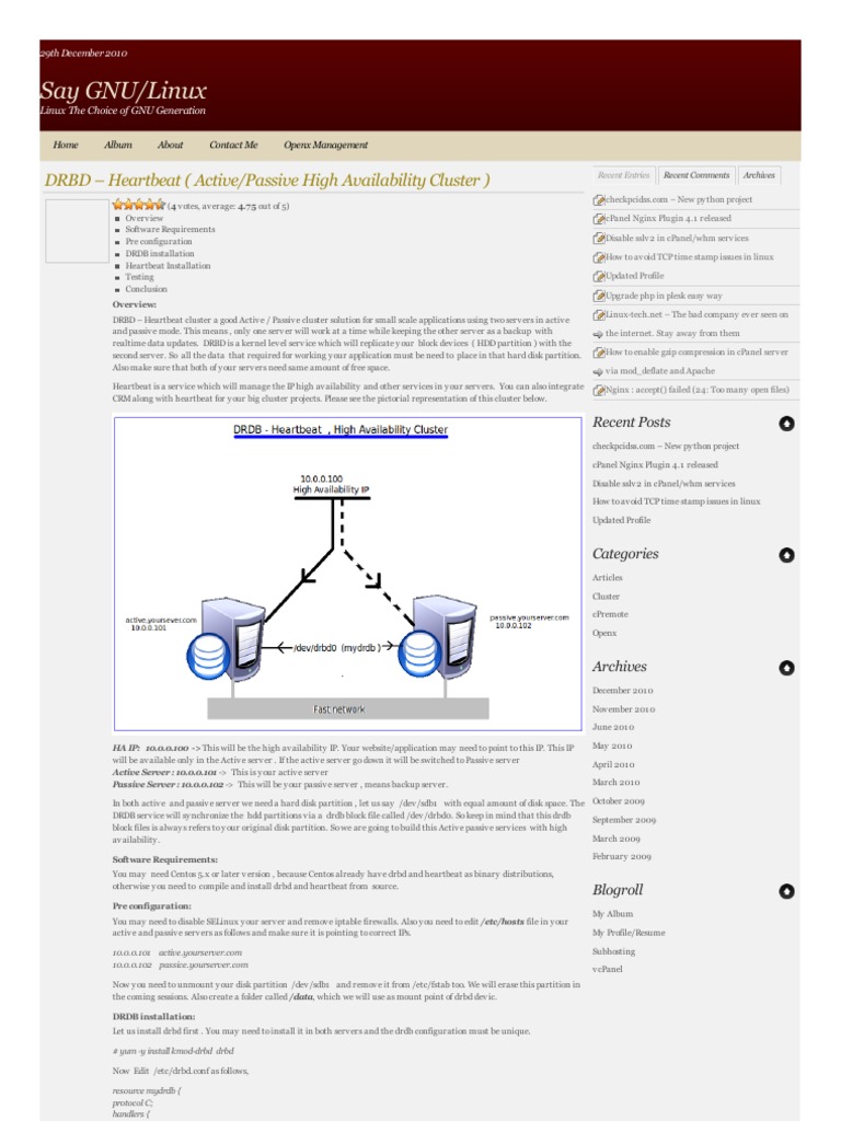 (Linux) DRBD - Heartbeat (ActivePassive High Availability Cluster ...
