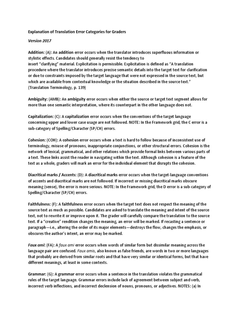 ATA Explanation of Translation Error Categories For Graders | PDF | Verb | Translations
