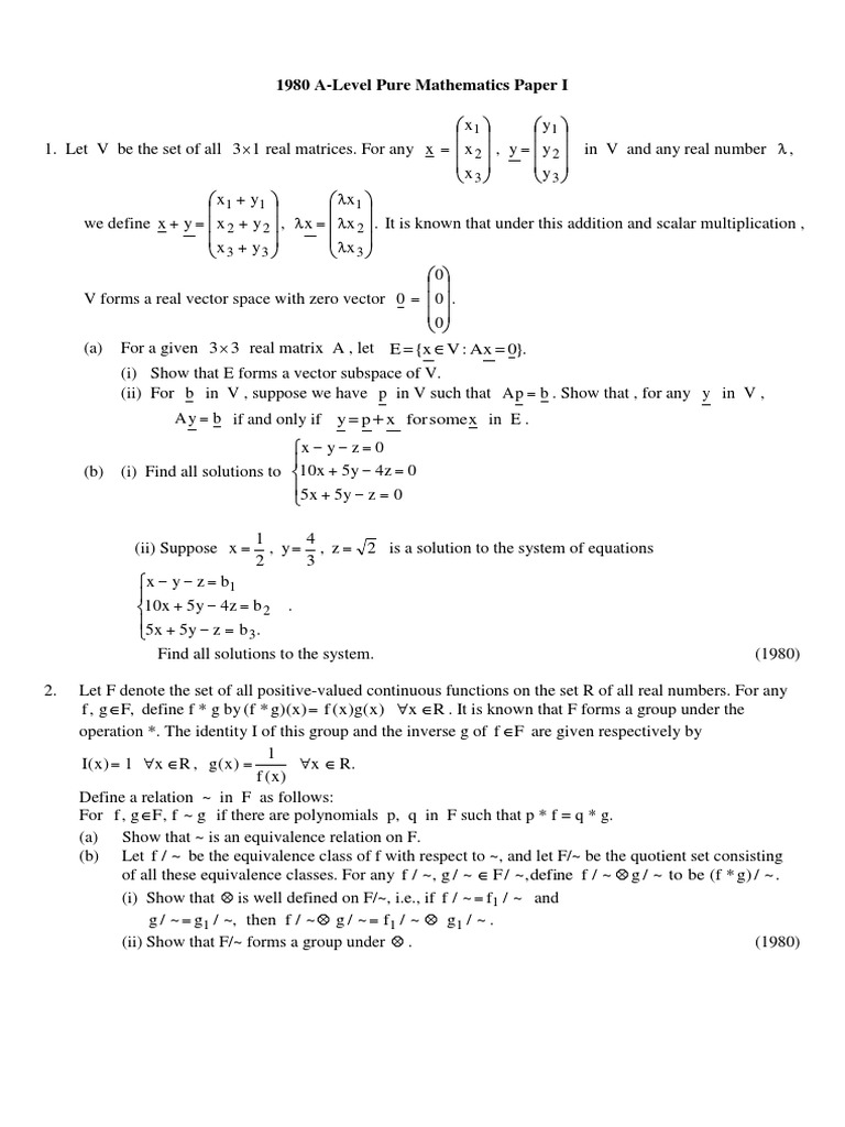 1980 A-Level Pure Mathematics Paper I | PDF | Derivative | Group (Mathematics)