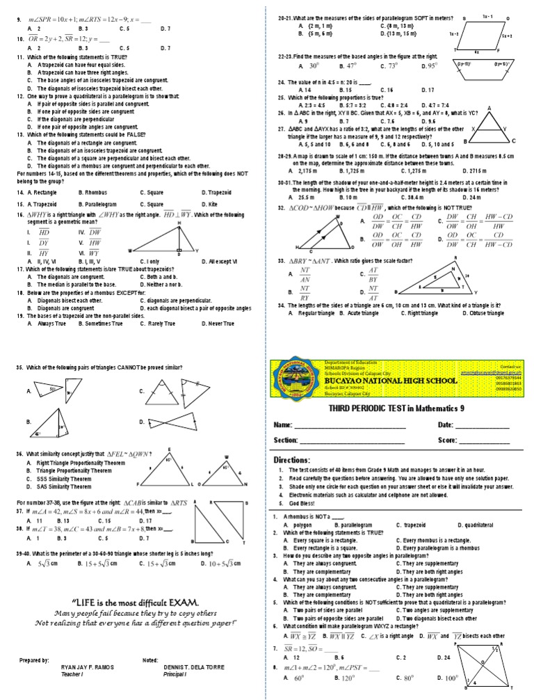 Grade 9 Math Periodic Test Questions | PDF | Rectangle | Triangle
