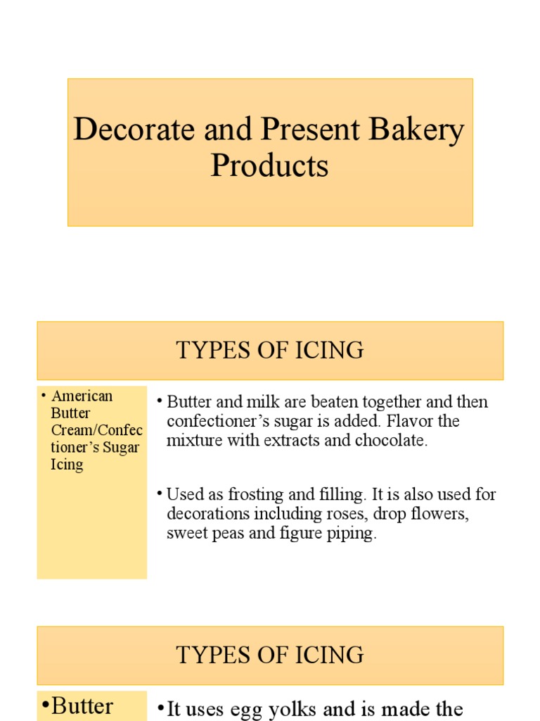 Decorate and Present Bakery Products | PDF | Icing (Food) | Butter
