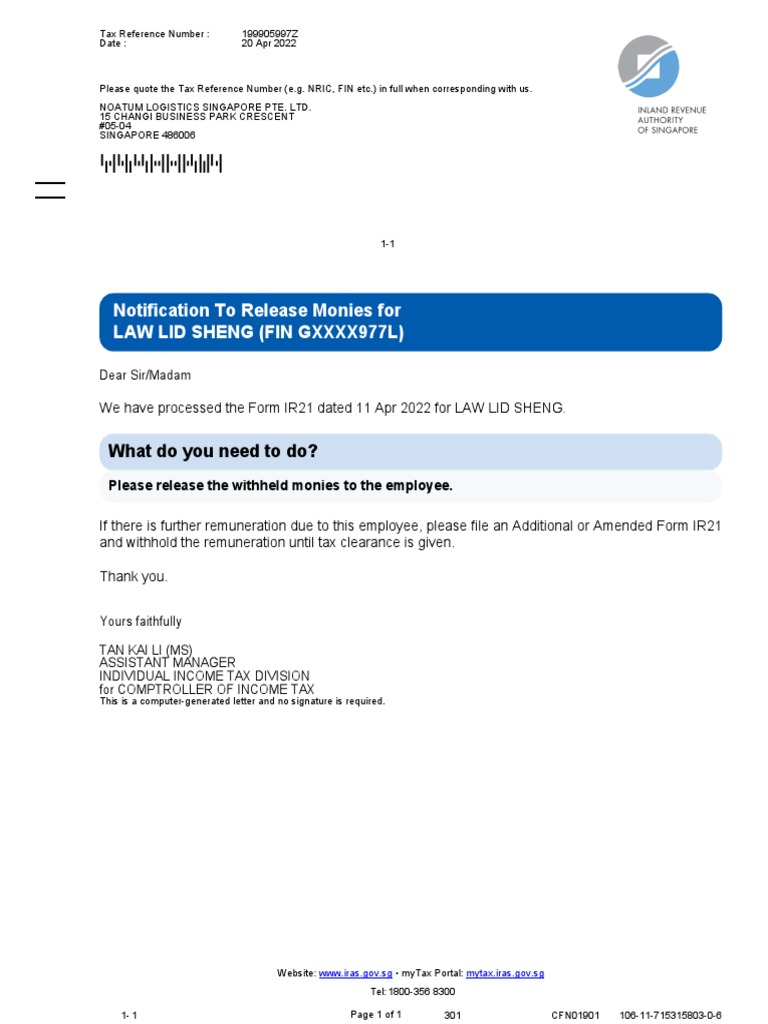 Notification To Release Monies For Law Lid Sheng (Fin Gxxxx977L) | PDF