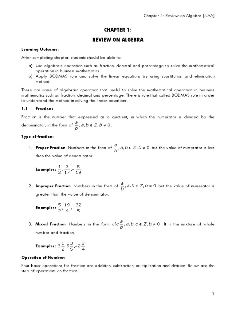 CHAPTER 1 Review On Algebra | PDF | Equations | Percentage