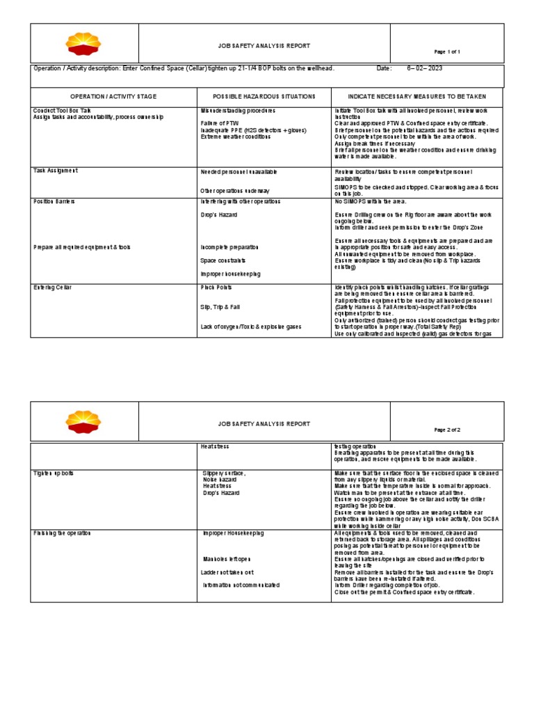 JOB SAFETY ANALYSIS FOR CELLAR ENTRY | PDF | Working Conditions | Workplace